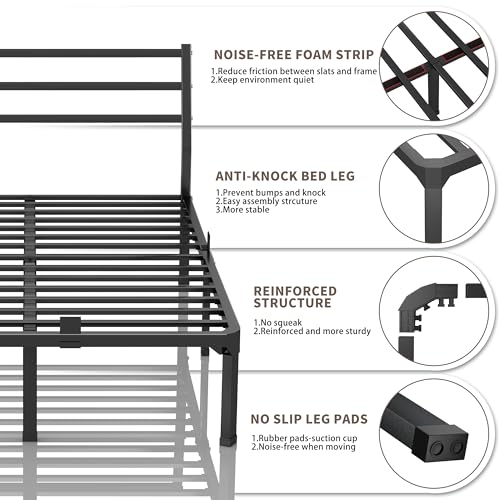 ROIL Queen Size Metal Bed Frame with Headboard, 14inch Black Heavy Duty Platform with Steel Slats Support and Mattress Stoppers, 3500LBS No Box Spring Needed, Easy Assembly Noise-Free