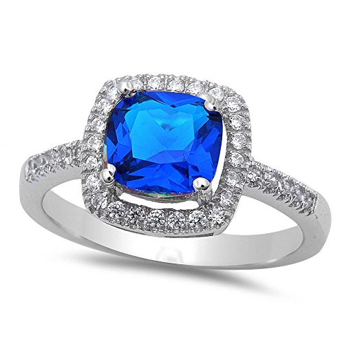 Solitaire Halo Wedding Engagement Ring Cushion Cut Simulated Blue Sapphire Round Cubic Zirconia 925 Sterling Silver, Size - 9