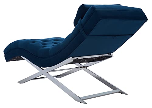 Safavieh Home Collection Monroe Navy Velvet and Chrome Chaise with Headrest Pillow