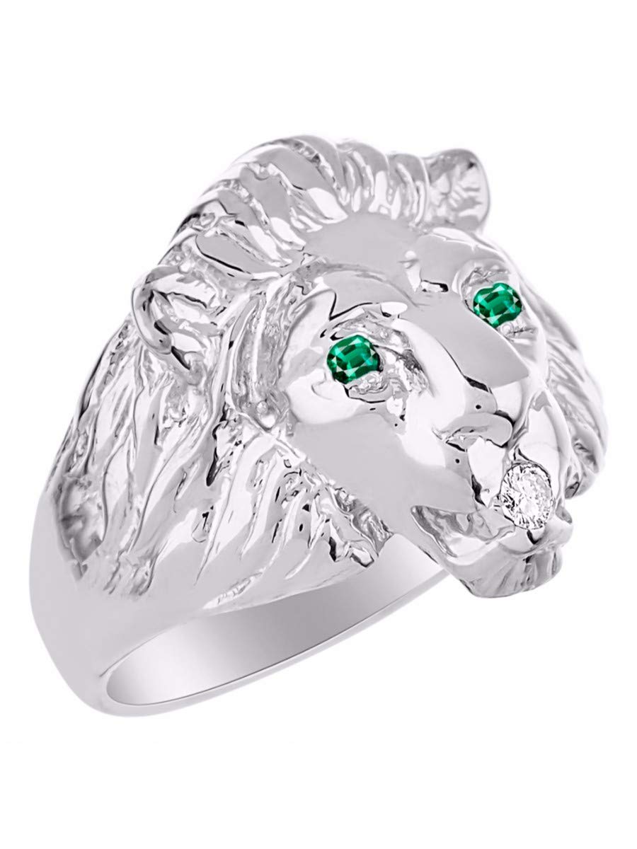 Rylos Conversation Starter Diamonds & Emerald Eyes & Mouth of this Fabulous Lion Head Ring Set in Sterling Silver Size 10