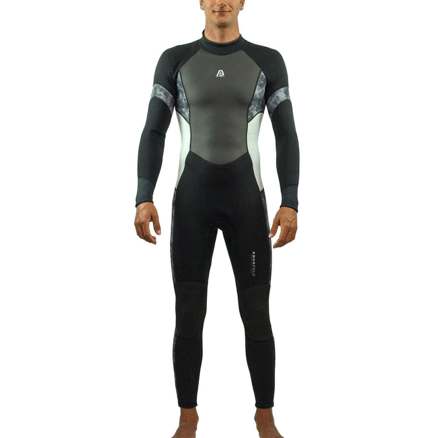 Wetsuits for Men by Aqua Polo | Fullbody 3/2 Neoprene Wetsuit with Shark Skin Chest Panel | Super Stretch Neck Cuffs Ankles (Black/Grey, XL Tall)