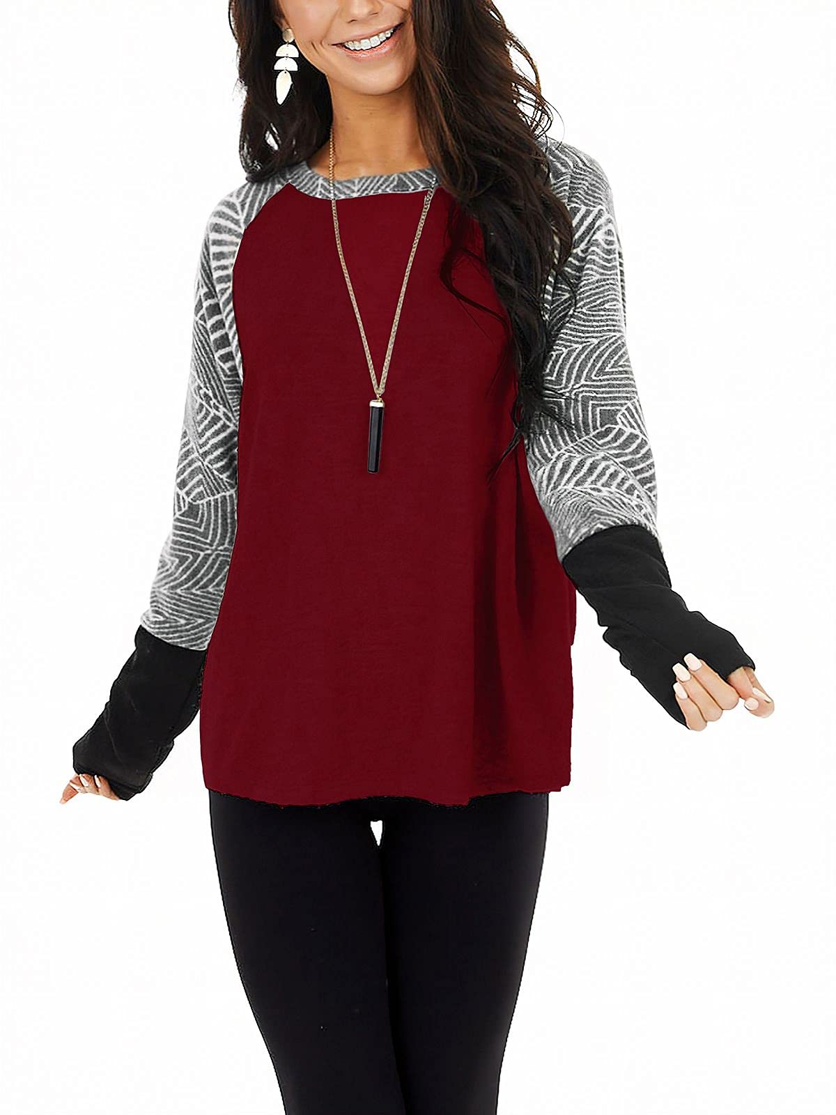 TEMOFON Women's Long Sleeve Tops Color Block Striped Loose Casual Tunics Shirts Pullover Wine Red 2XL