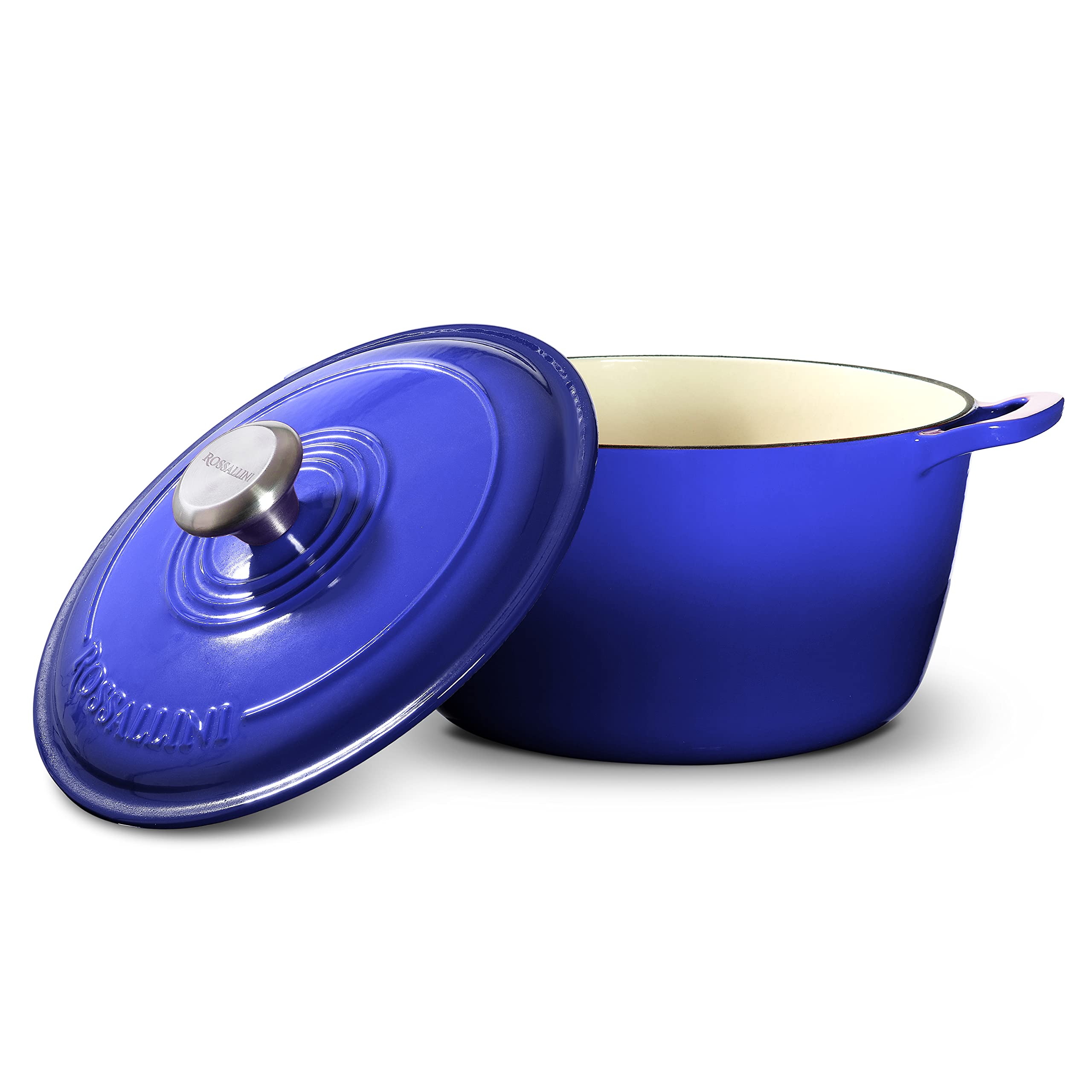 ROSSALLINI Signature Enameled Cast Iron Dutch Oven, Non-Stick Serving Pot with Tight Fitting Lid for Perfect Roasting, Baking, Sauteing, and Bread Making | 5.5Q (5.2L) - Indigo Blue
