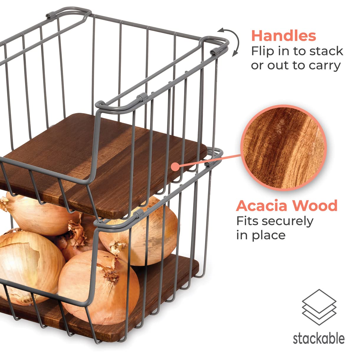 The Ría Safford Collection by iDesign Open Front Wire Basket with Acacia Wood, 10" x 8" x 6", Charcoal