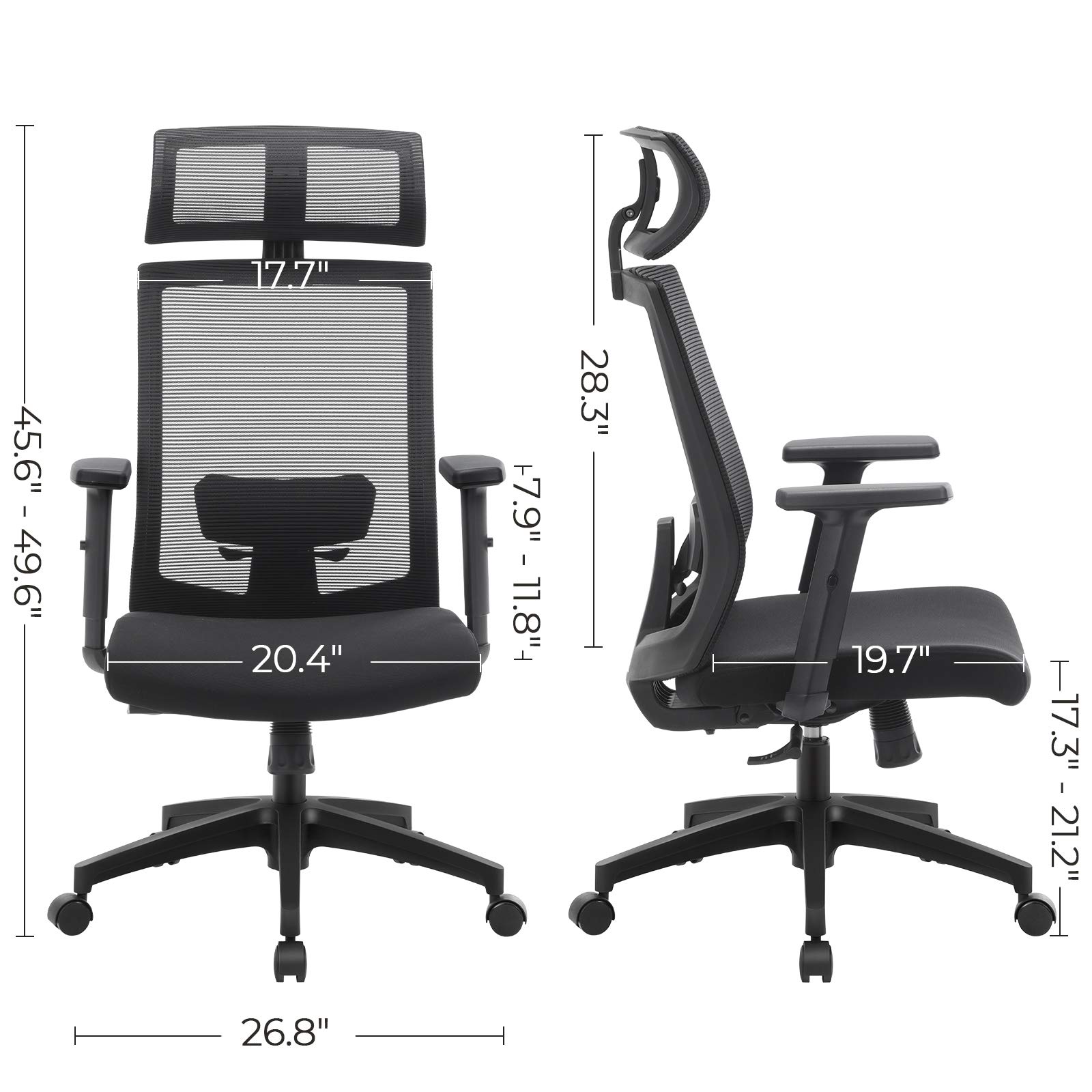 SONGMICS Mesh Office Chair, High-Back Computer Desk Chair, Ergonomic Chair, Lockable Tilt Angle up to 120°, Adjustable Lumbar Support, Black UOBN55BK