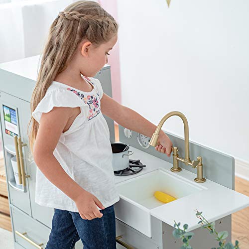 Teamson Kids Little Chef Charlotte Modern Modular Interactive Wooden Play Kitchen with Refrigerator, Stove and Sink in Gray with Gold Accents