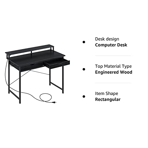 Rolanstar Computer Desk with 2 Drawers and Power Outlet, 39" Home Office Writing Desk with Monitor Stand, Workstation Table with Stable Metal Frame, Black