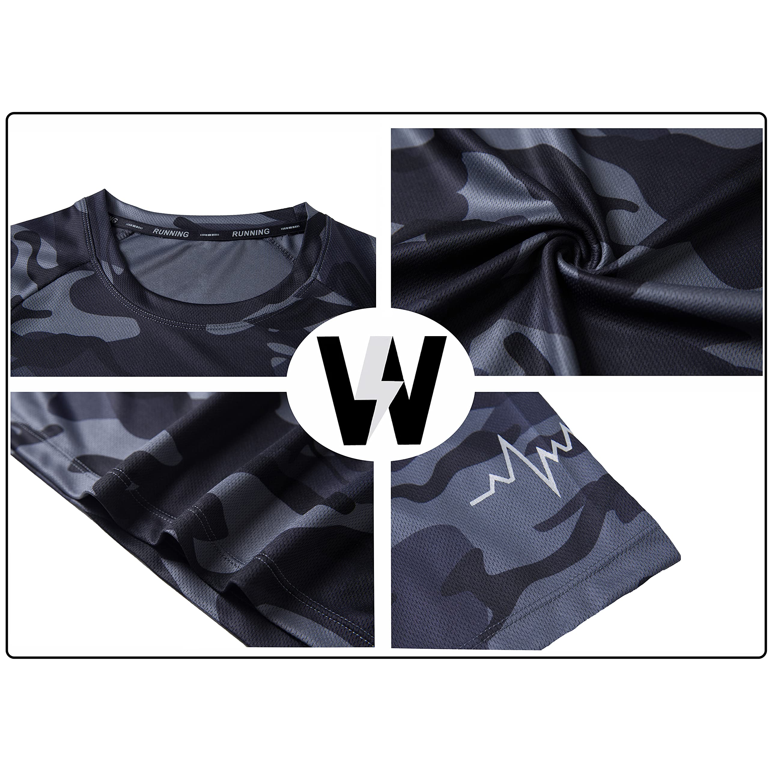 WanNiu Men's 3 Pack Workout Shirt Dry Fit Athletic Gym Short Sleeve Mesh Moisture Wicking, Blackgrey Camo Black, Medium