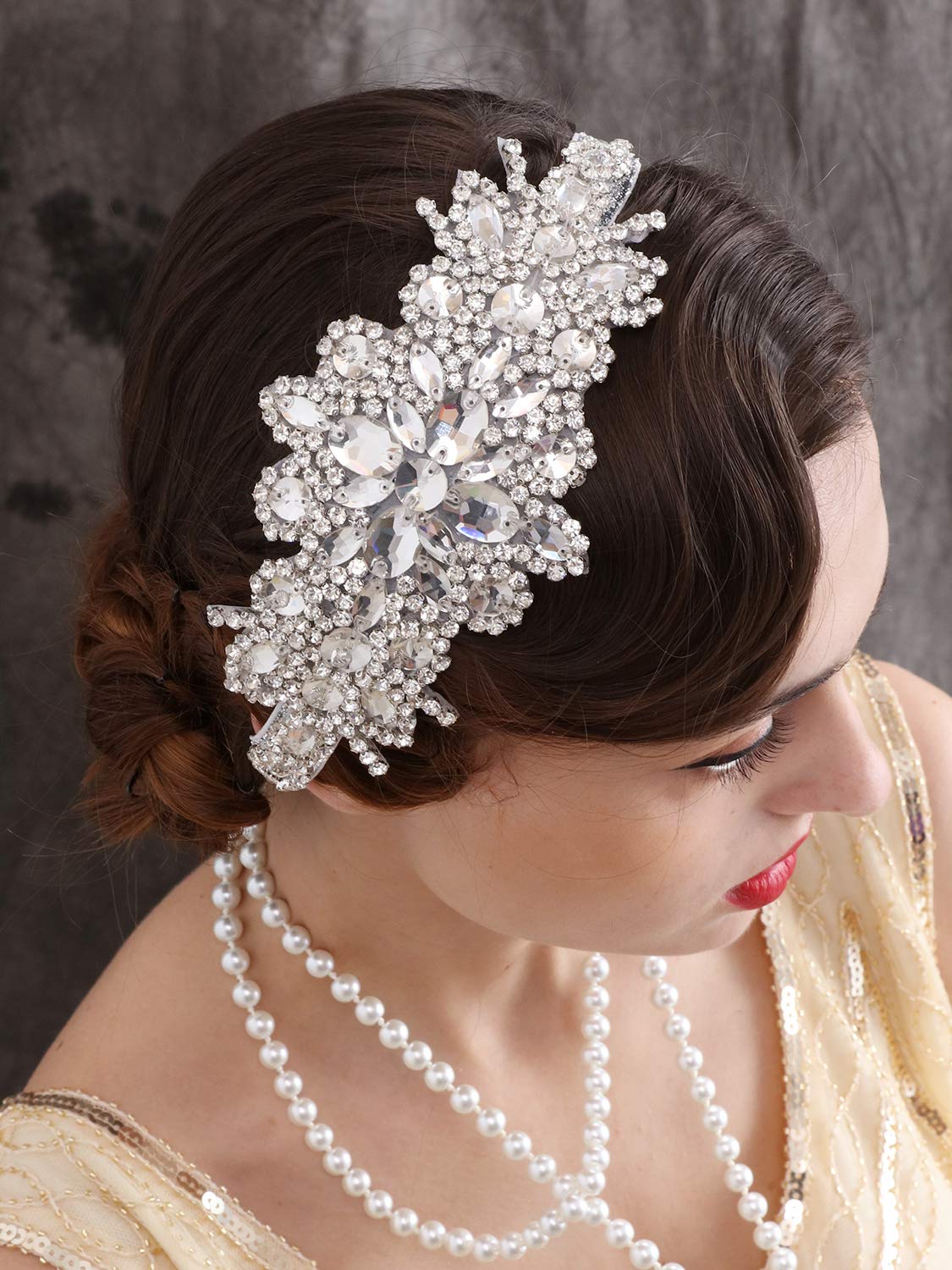 SWEETV Rhinestone Flapper Headband-Elastic 1920s Headpiece, Great Gatsby Hair Accessories for Women