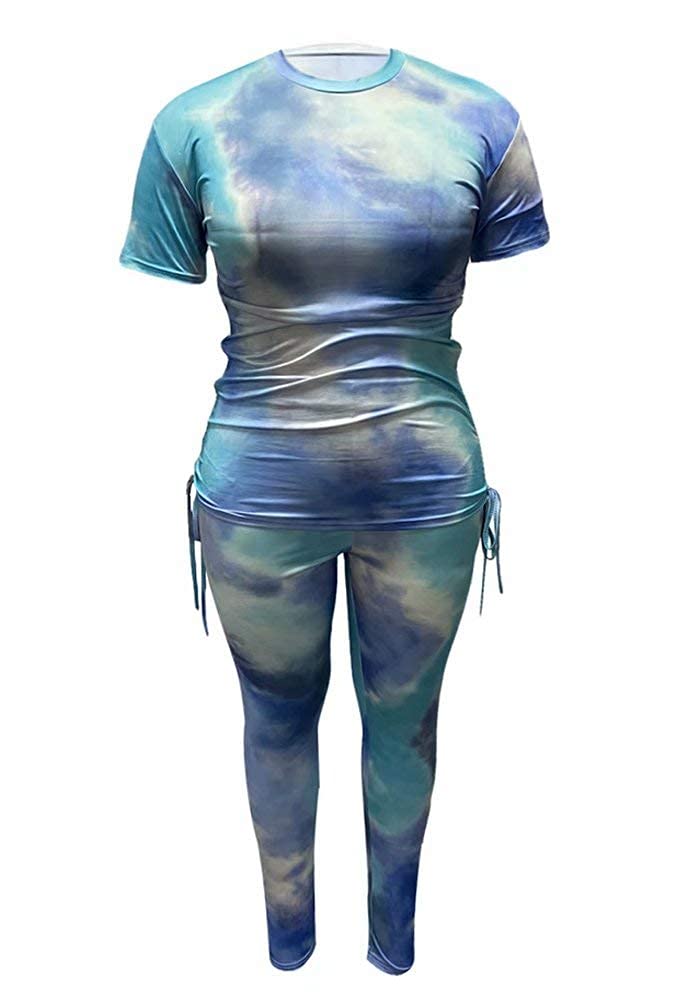 Sprifloral Two Piece Outfits Pant Set Women Tie Dye Print Tunic Top Plus Size Short Track Suits Jumpsuit Royal Blue XL