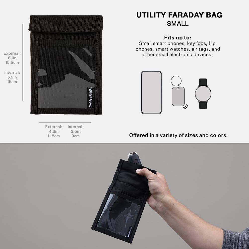Silent Pocket SLNT Quick Access Smartphone Faraday Bag w Weatherproof Signal Blocking Nylon, Device Shielding for iPhone, Samsung Galaxy, Most Phones - Travel, Privacy & Anti-Hacking (Black, Small)
