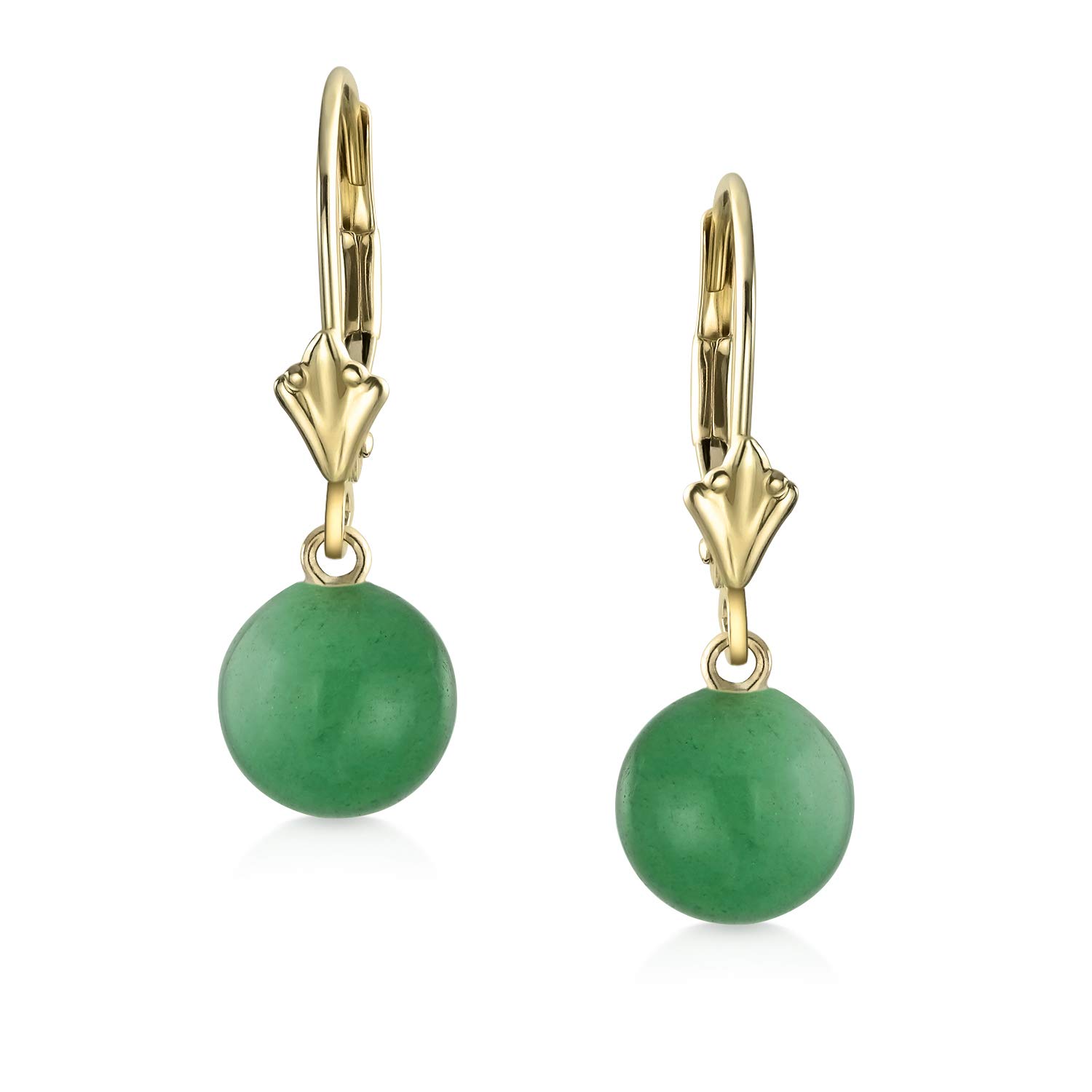 Real 14K Yellow Gold Stabilized Turquoise Round Bead Lever back Dangle Ball Drop Earrings For Women December Birthstone