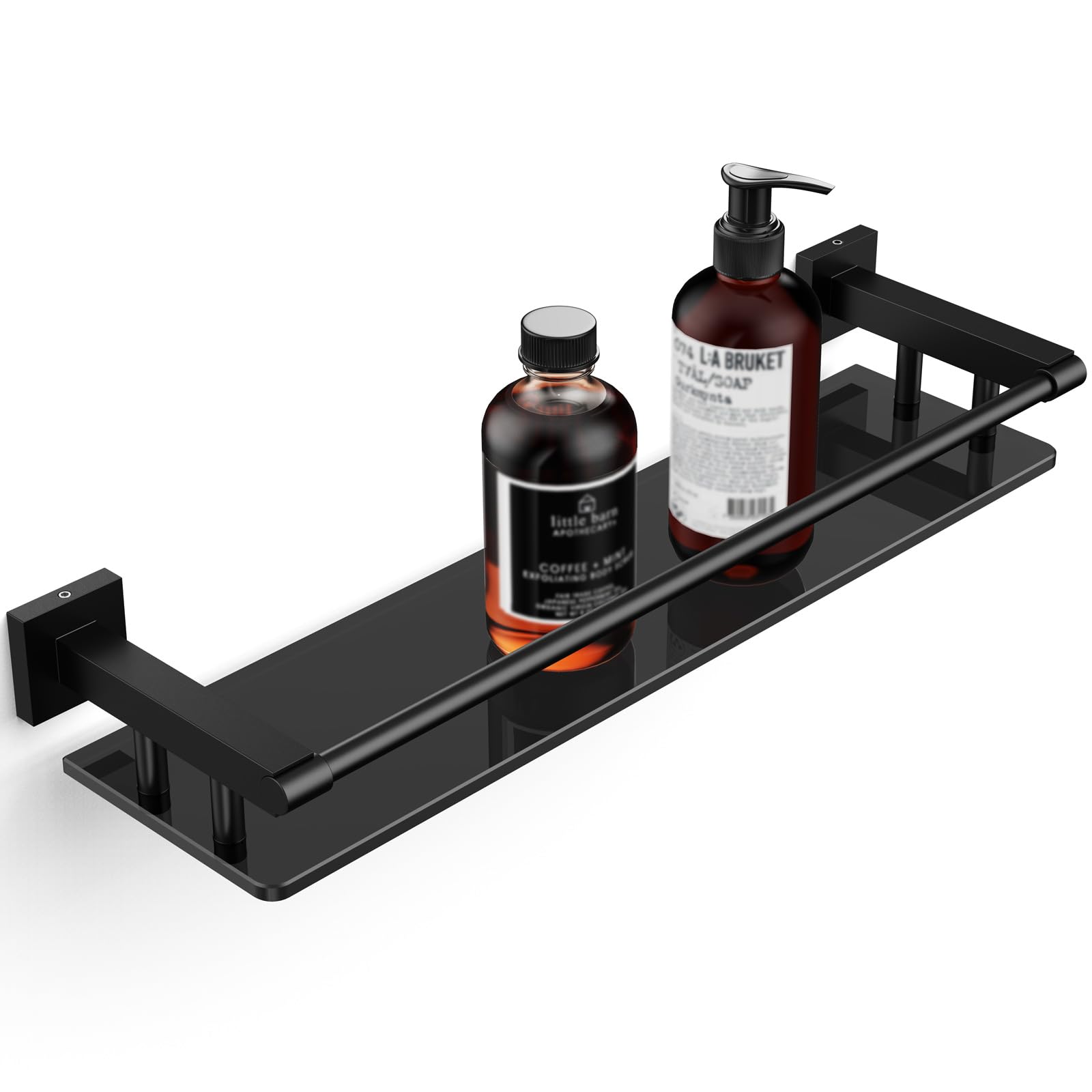 SFGSOWOR Bathroom Glass Shelf with Towel Bar/Rack 20 inches Wall-mounted Shelves Tempered Glass Sink Toilet Organizer Shower Towel Decorative Storage (Matte Black, 20‘’)