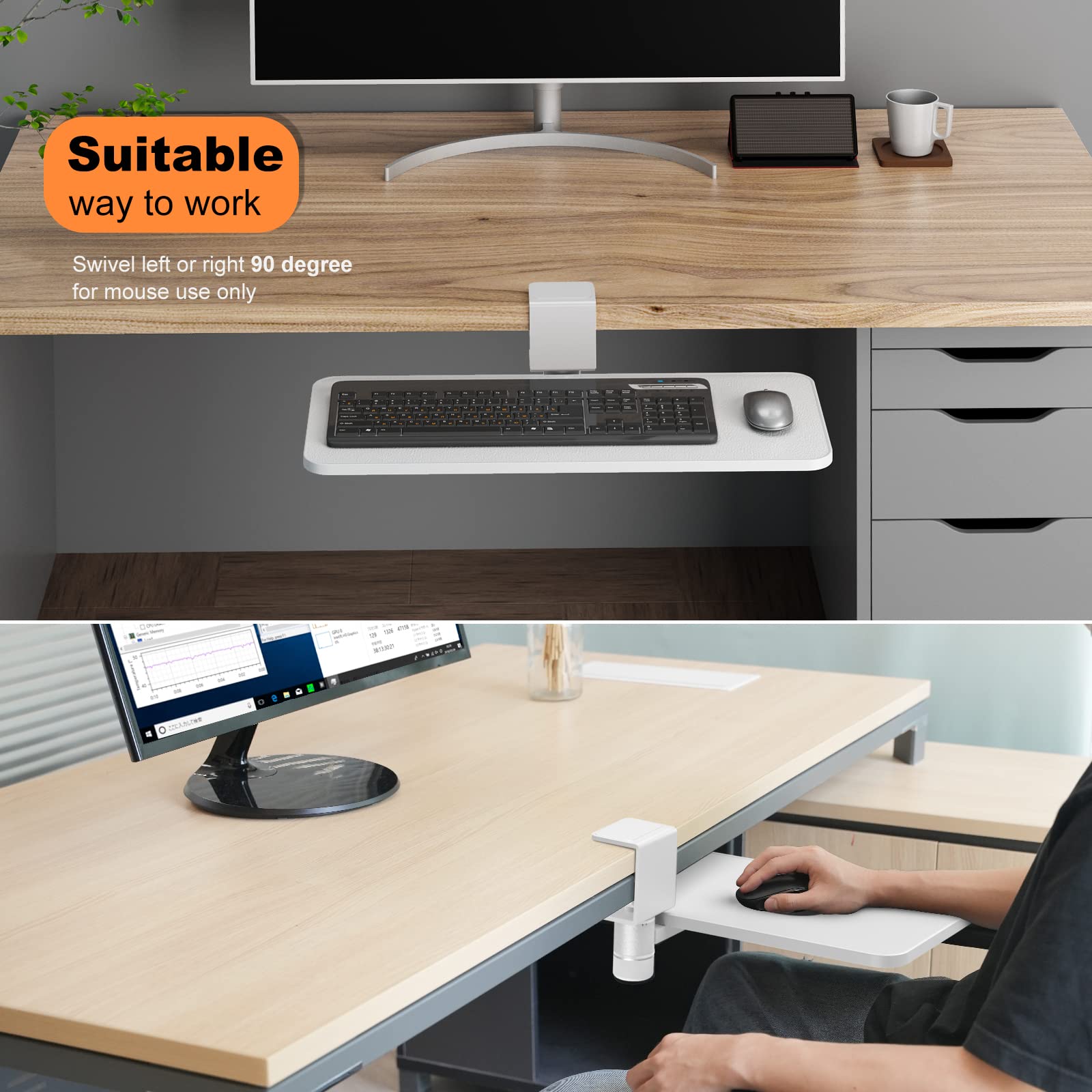 Rotating Keyboard Tray Under Desk - Klearlook PU Leather Keyboard Drawer Adjustable C Clamp,Ergonomic Keyboard Platform Extender,No Drilling,Easy Install Keyboard Stand,23.62"x 9.84"Inch-White