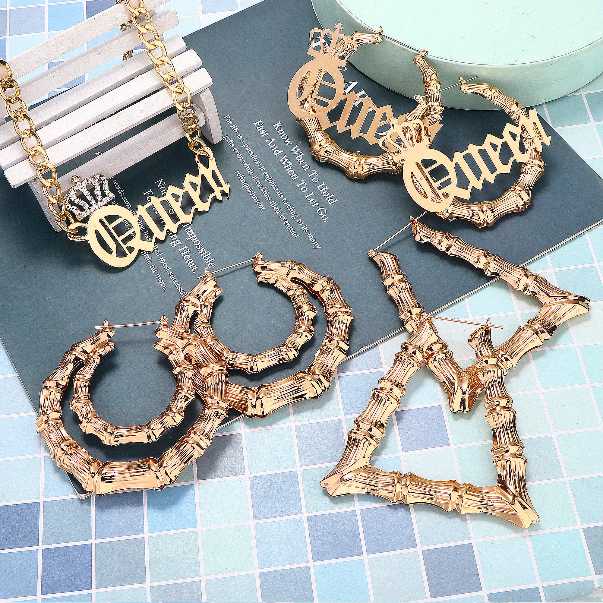 sailimue Chunky Curb Chain Necklace with Bamboo Hoop Earrings Set Gold Plated 80s/90s Punk Hip Hop Rapper Style Accessories Set for Women