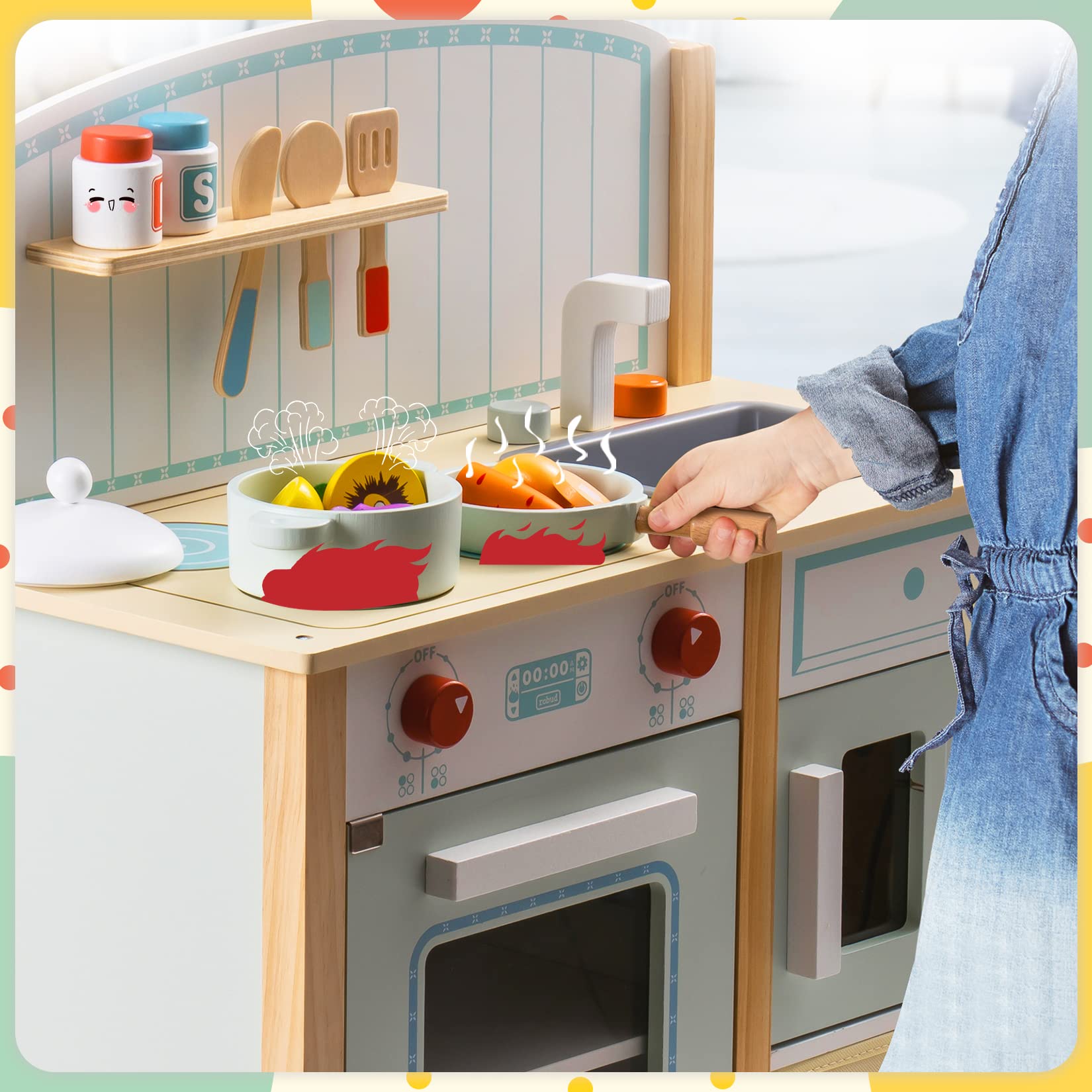 ROBOTIME Wooden Kitchen Playset for Toddlers Girls Kids Play Kitchen with Storage Bin,Pretend Play Toy Kitchen for Kids Ages 3+(Blue)
