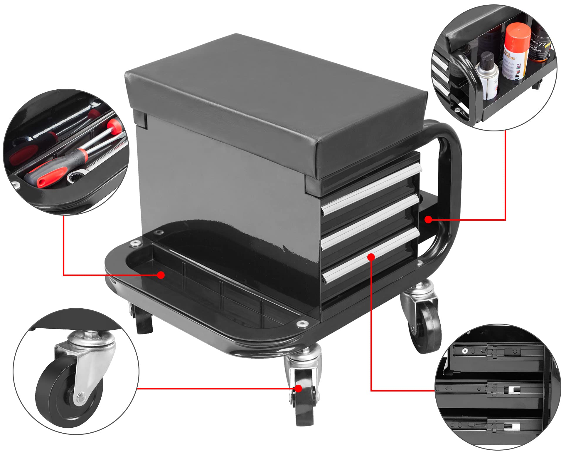 Torin APD2016AB Rolling Tool Chest/Tool Box with 3 Drawers and Wheels, Padded Mechanic Stool Creeper Seat, Black