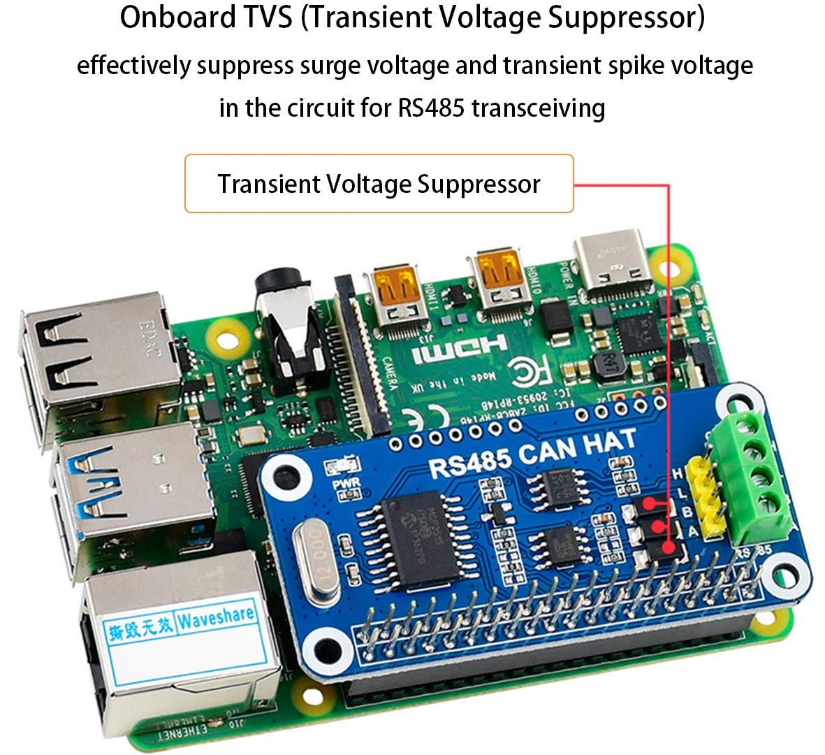 RS485 CAN HAT for Raspberry Pi 4B/3B+/3B/2B/B+/A+/Zero/Zero W/WH/Zero 2W, Long-Distance Communication via RS485/CAN Function Onboard CAN Controller MCP2515 via SPI Interface Transceiver SIT65HVD230DR