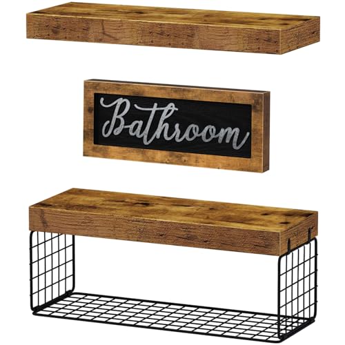 QEEIG Bathroom Decor Shelves Over Toilet - Farmhouse Decorations Aesthetic Décor Sign Small Floating Wall Shelf Paper Storage 2+1 Set 16 inch, Rustic Brown (020BN)