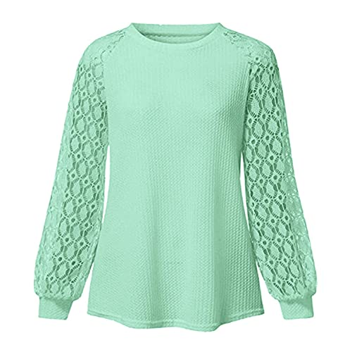 Teprec Womens Fall Long Sleeve Tops, Women's Waffle Knit Lace Shirts O Neck Lantern Sleeve Blouse Tops Comfy Shirts Green