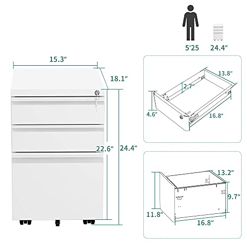 YITAHOME 3-Drawer Mobile File Cabinet with Lock, Office Storage Filing Cabinet for Legal/Letter Size, Pre-Assembled Metal File Cabinet Except Wheels Under Desk-White