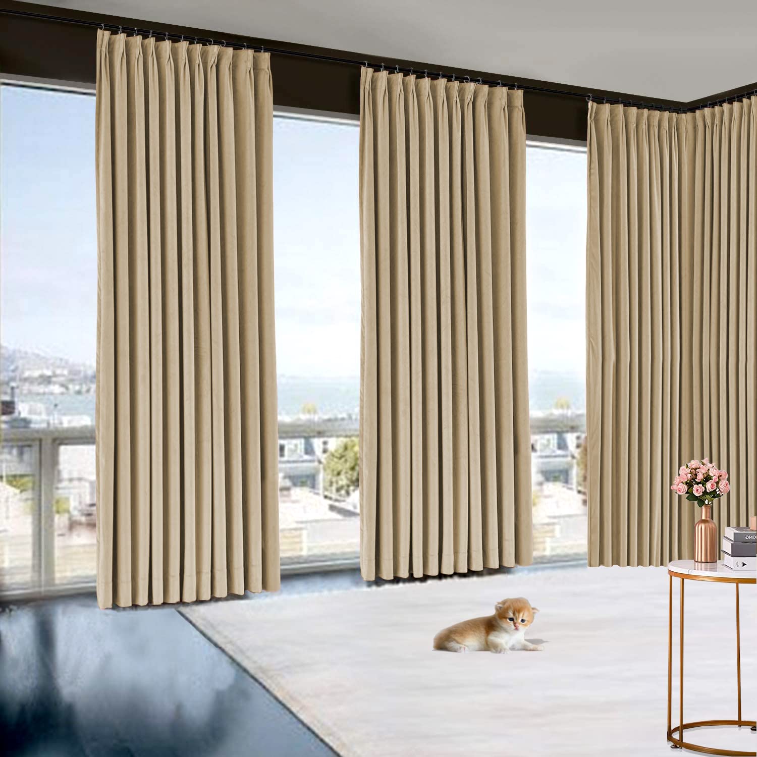 White House Linen Solid Blackout Curtains Double Pinch Pleated for Doors & Windows with Ring Added Hook 100% Polyester Blend (Beige, 120 Inch Wide by 96 Inch Long- 1 Panel)