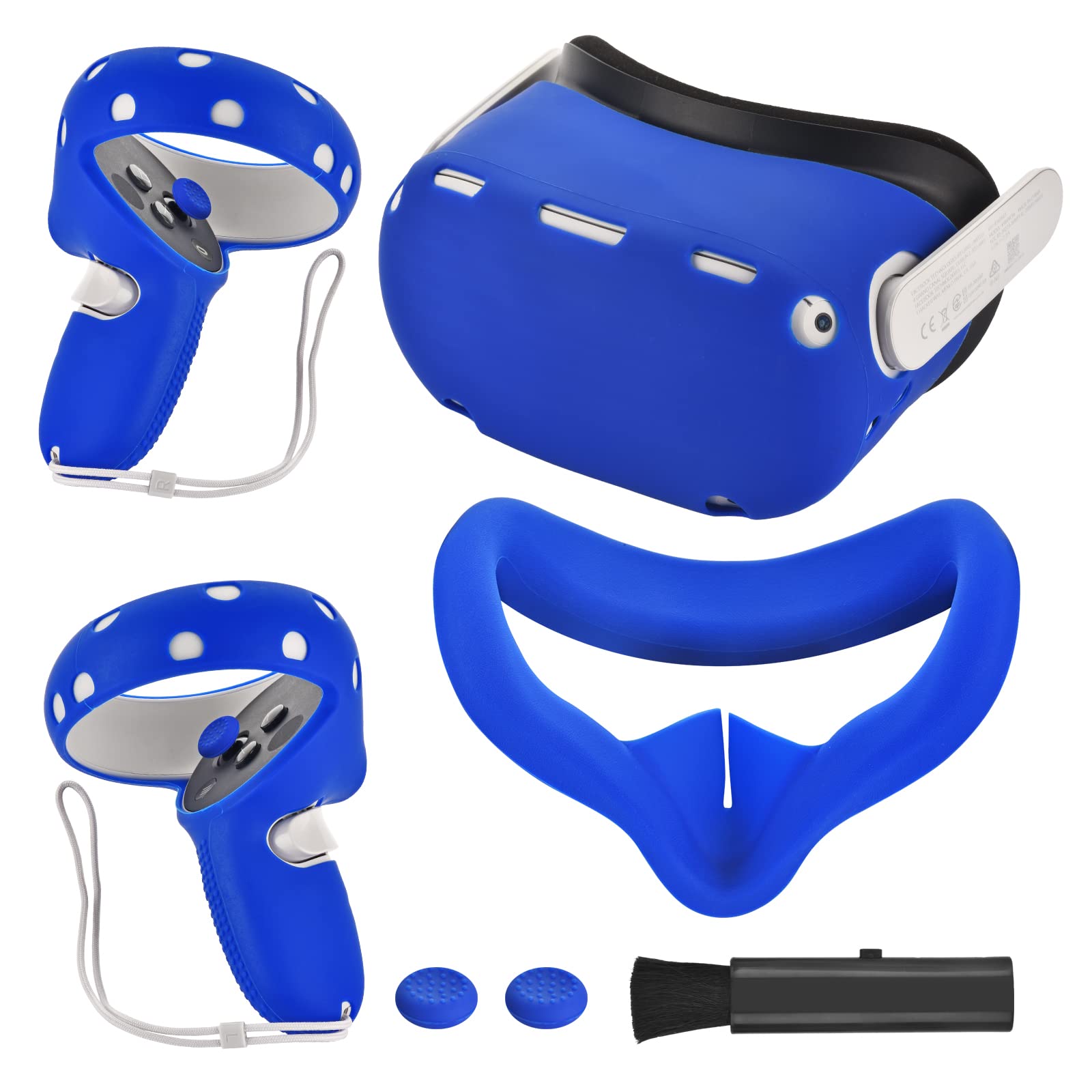 Silicone Controller Grip for Oculus Quest 2 Accessories, with VR Headset Lens Cleaning Pen, Thumb Button Cap,Protective Lens Cover, Silicone Face Cover Sweat Guard Anti-Leakage Pad (blue)