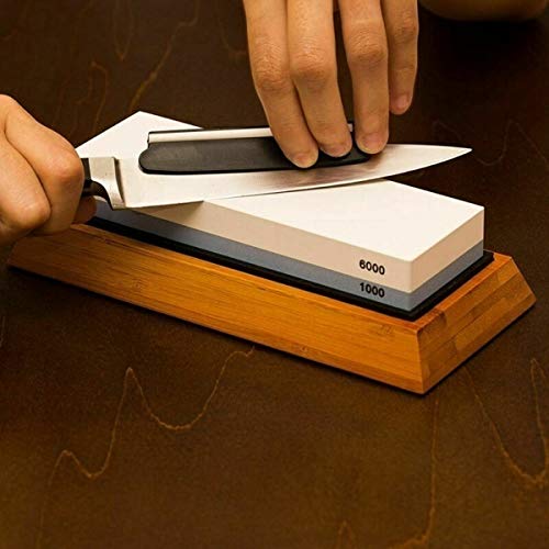 RT Essentials Premium Whetstone Knife Sharpening Stone 1000/6000 grit| Non-slip Bamboo Wood Base| Angle Guide| Flattening Stone- Best Tool For Razor sharp Kitchen/Butcher/Pocket/Chef Knives and Blades