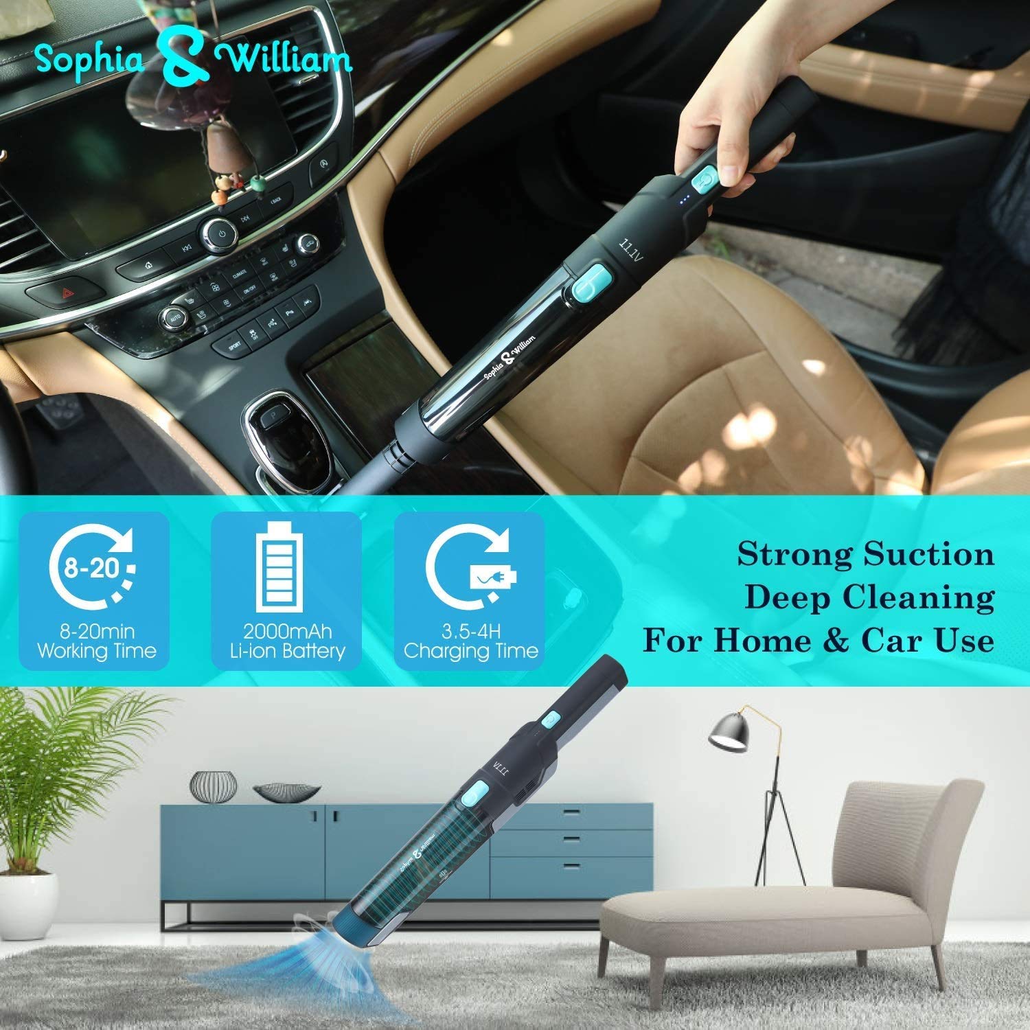 Sophia & William Portable Handheld Car Vacuum 13.5kpa - 1.1 lb Hand Vacuum Rechargeable Vacuum Cleaner Cordless