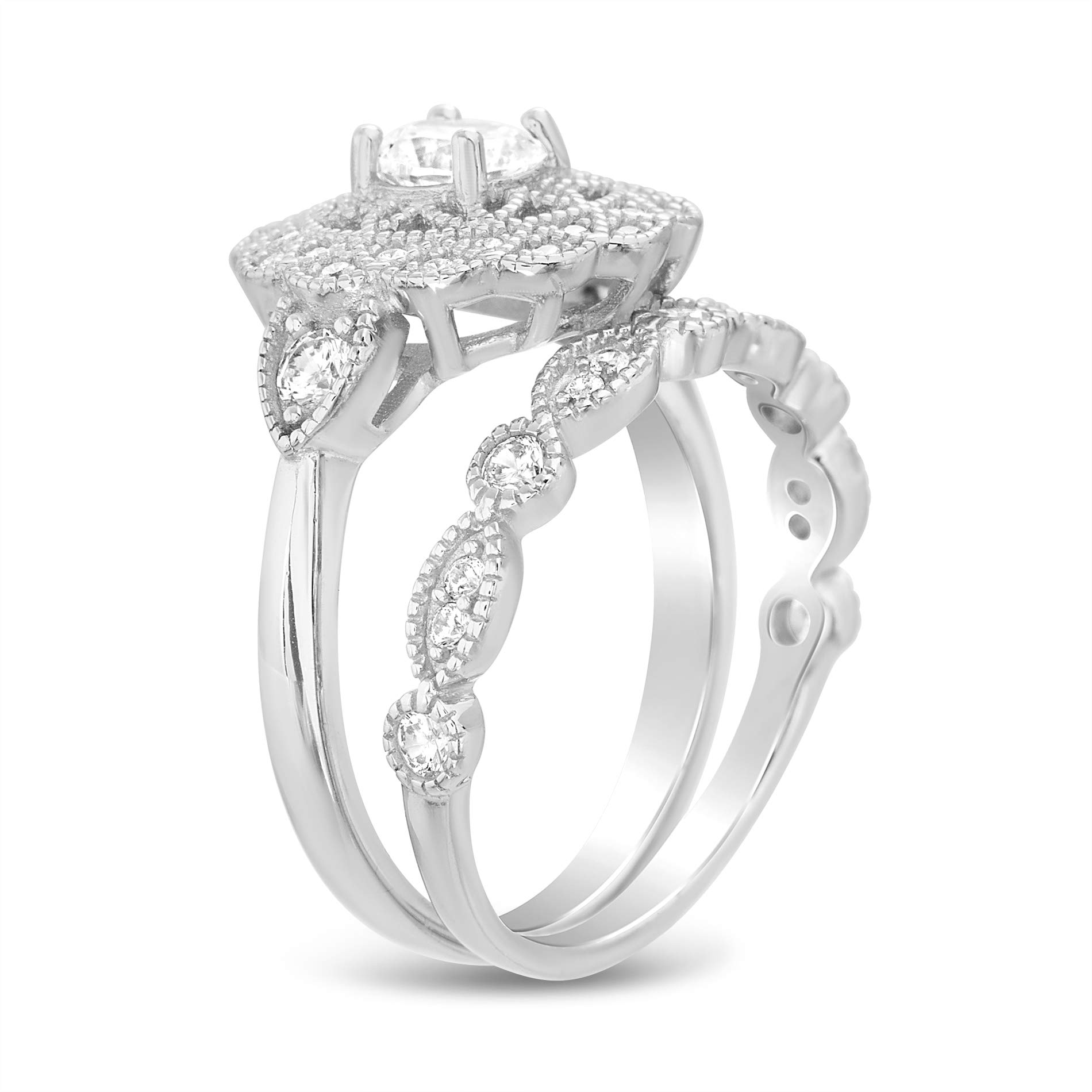 TwoBirch 18k White Gold Microplated Art Deco Floral Design Duo Bridal Ring Set Engagement Ring and Wedding Band with Cubic Zirconia (SET (2 RINGS), Size 7)