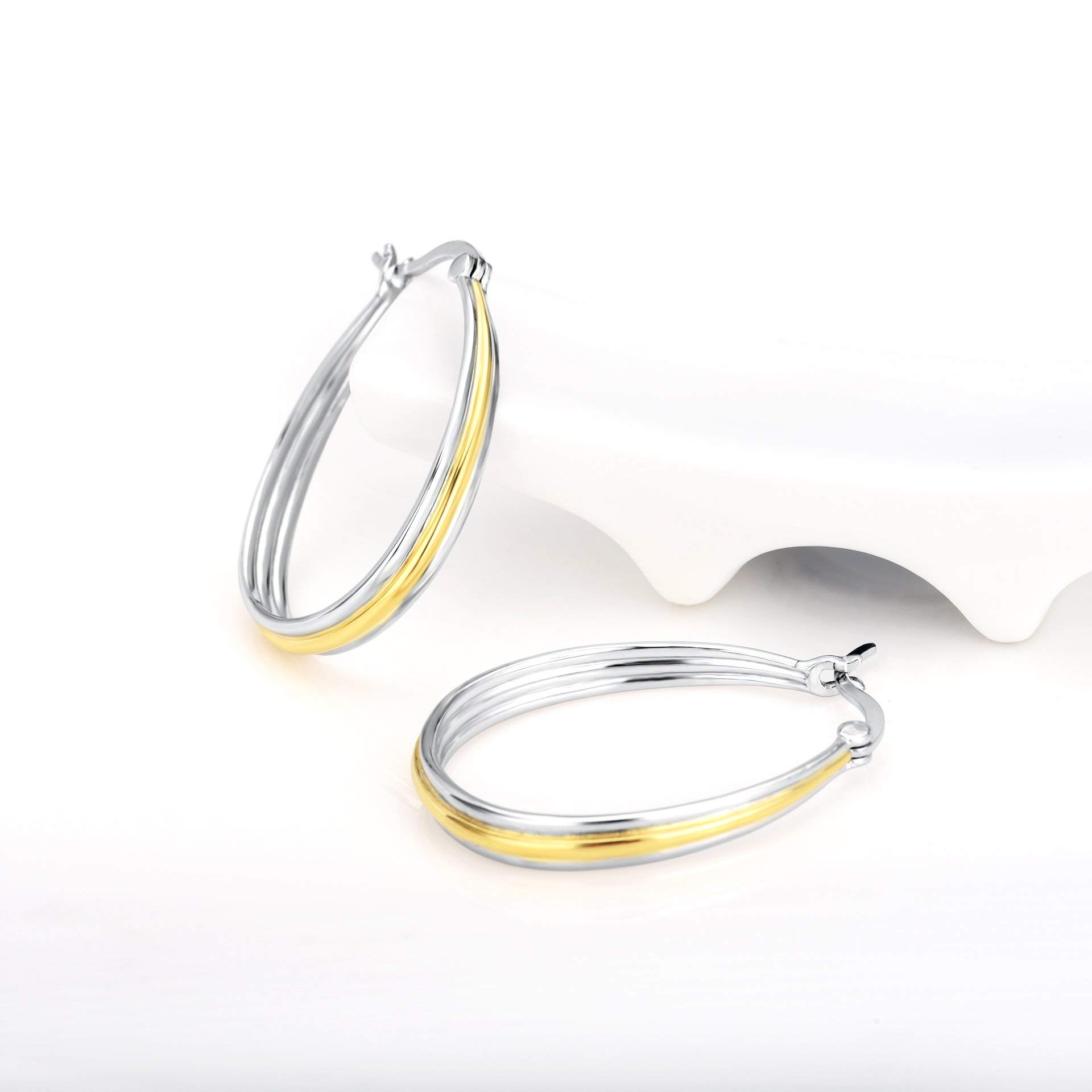 Two Tone Hoop Earrings for Women Gold And Silver Small Sterling Silver Oval Grooved Hoop Earrings Jewelry Gifts