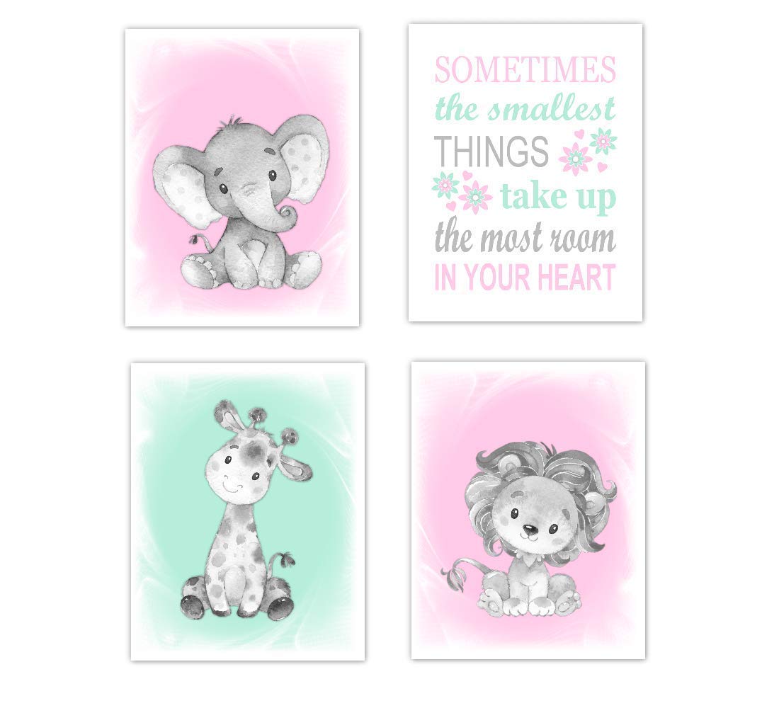 Pink Mint Green Baby Girl Nursery Wall Art Elephant Giraffe Lion Safari Animals 4 UNFRAMED PRINTS