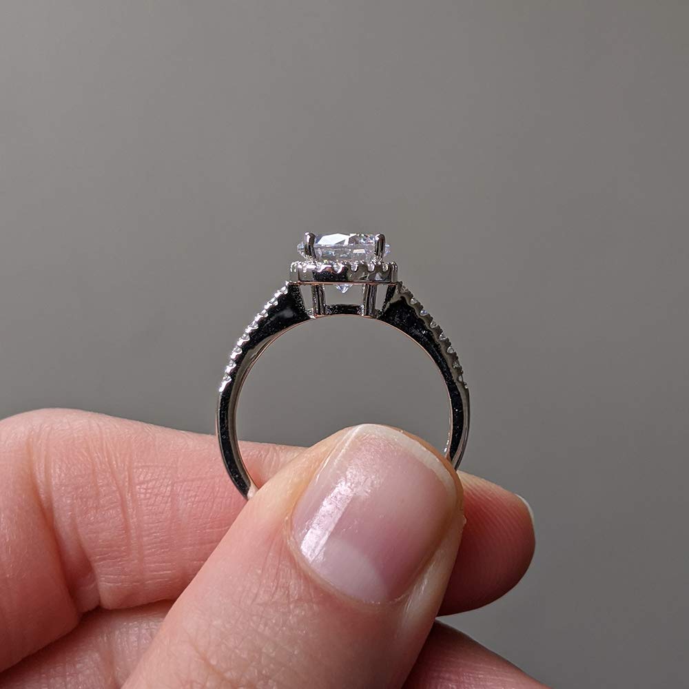 TwoBirch Classic Round Halo Solitaire Engagement Ring with 18k White Gold Plated Sterling Silver and Cubic Zirconia (Size 10)