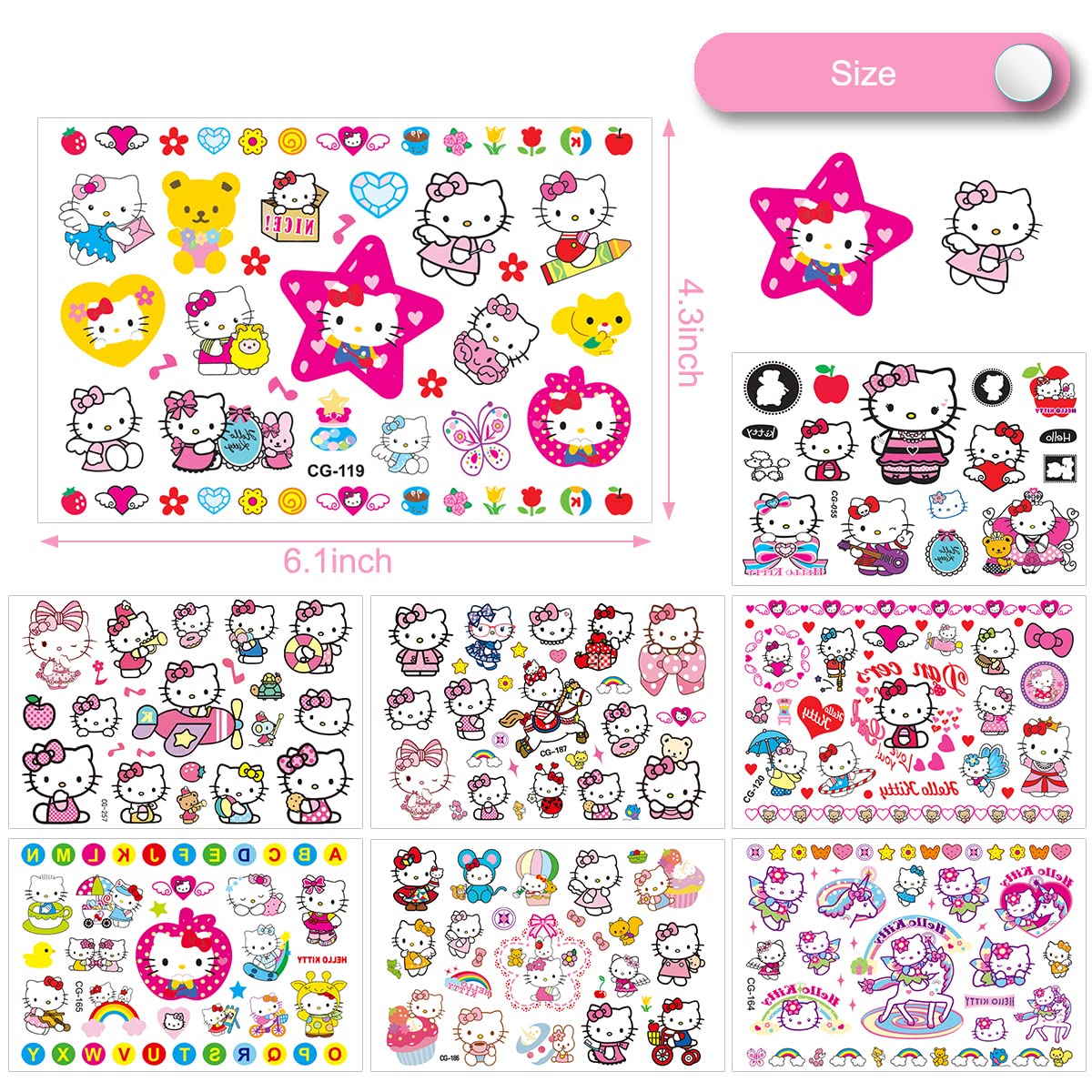 Waterproof Temporary Tattoos for Hello Kitty,Pink Cat Birthday Party Supplies Kids Temporary Tattoo(8 Sheets-6.1inch X 4.3inch)
