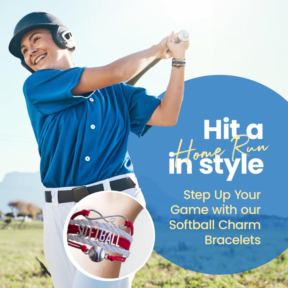 Softball Charm Bracelet (Red/White) Bracelets, Adjustable Bracelet with Softball Charm. Braided Bracelets for Softball Players, Softball Team, and Coaches - by SPORTYBELLA