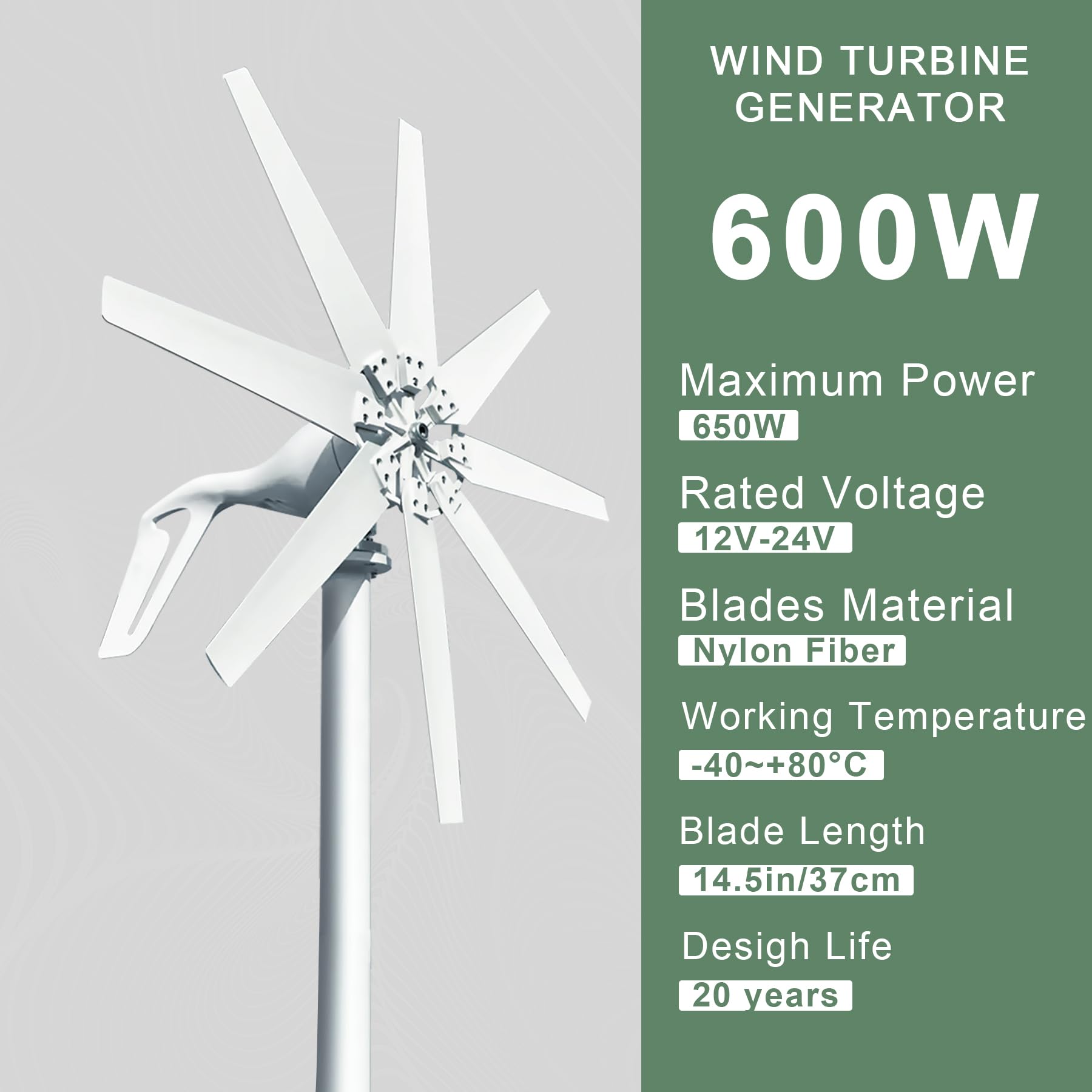Smaraad Wind Turbine Generator 600W 24V, Wind Generator Kit with MPPT Controller 8 Blades for Home, RV, Boat, Car, Easy to Install