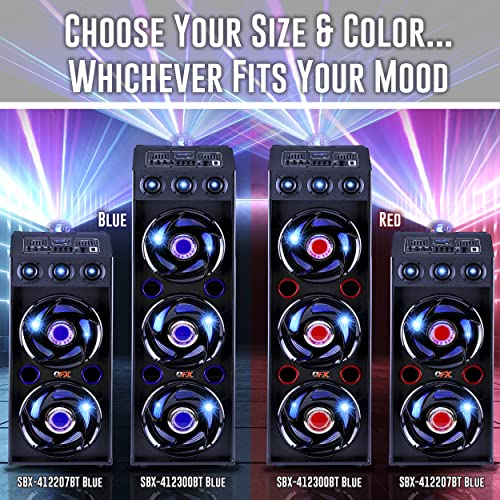 QFX SBX-412300BT TWS Bluetooth Triple 12β Woofer Triple 1β Tweeter Recording High-Performance PA Cabinet Speaker with 10-Band Graphic EQ, 2 Microphone Inputs, Guitar Input, and AUX Input, Blue