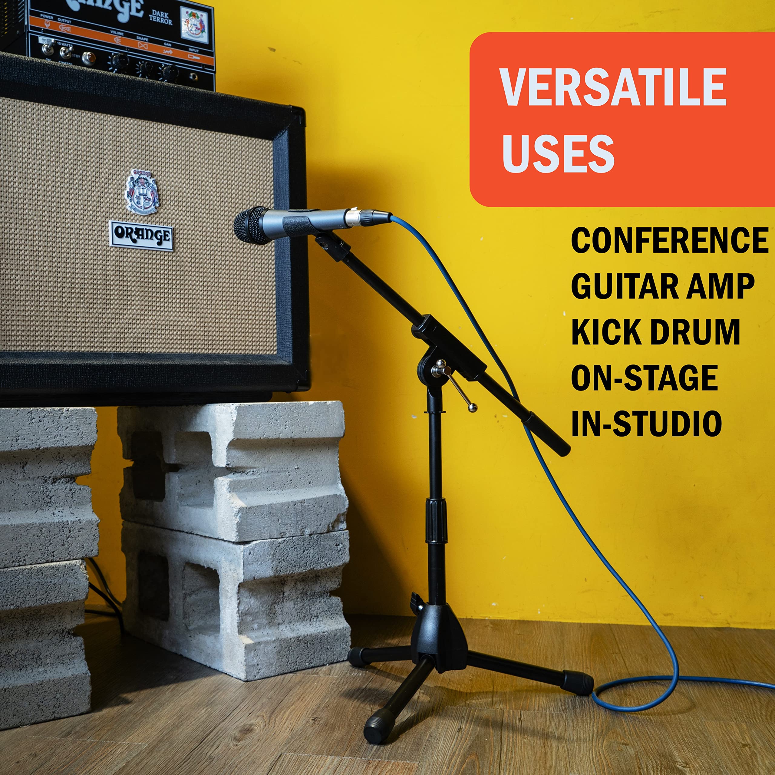 Stage Rocker Foldable Tripod Low-Profile Mic Boom Stand - Height Extending from 9.6'' to 16.9'', w/Adjustable Telescoping Arm Up to 9'', Lightweight/Convenient, Black, Powered by Hamilton(SR610121B)
