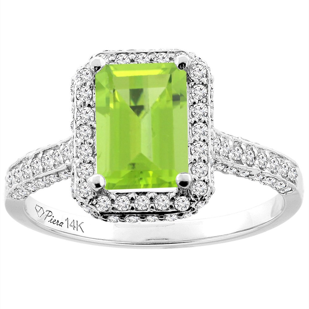 Sabrina Silver 14K White Gold Natural Peridot Engagement Ring Octagon 8x6 mm, size 5