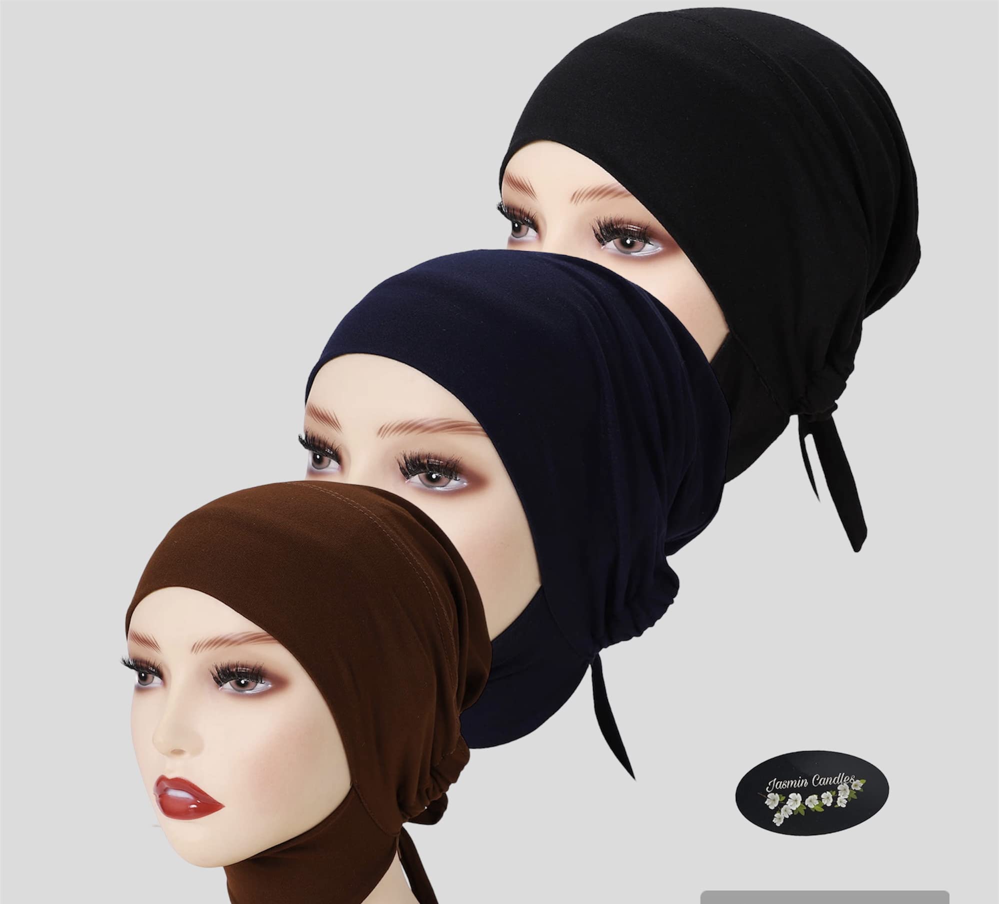 Solid color 3- pack full cover inner hijab cap. Under scarf cap for Muslim women. Coffee, black and blue color inner hijab cap…