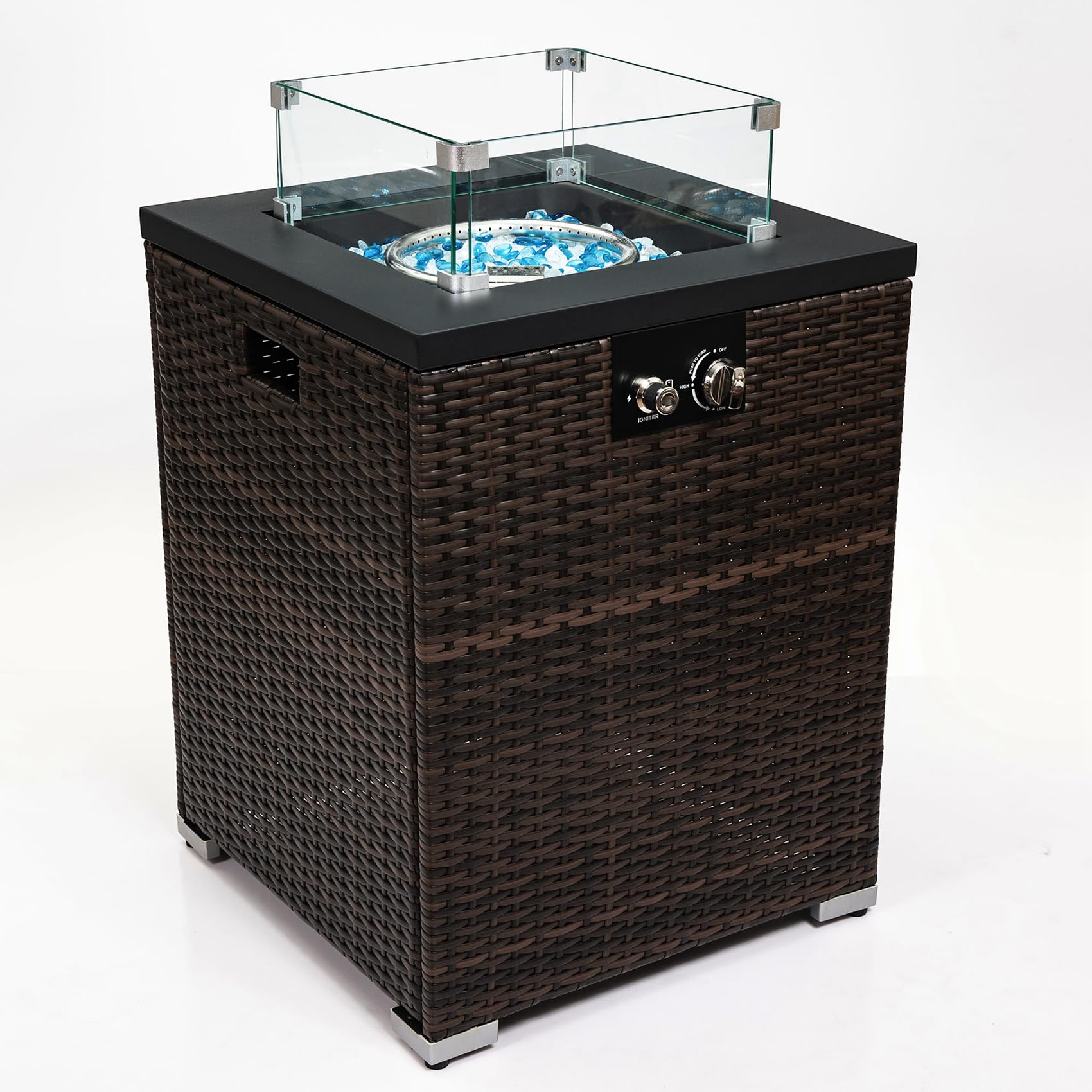 Propane Fire Pit Table, 40,000 BTU Gas Fire Pit, Wicker Patio Outdoor Fire Table, 22 Inch Square Gas Firepits for Outsides with ETL Certification, Glass Wind Guard, Glass Rocks, Lid, Cover, Brown