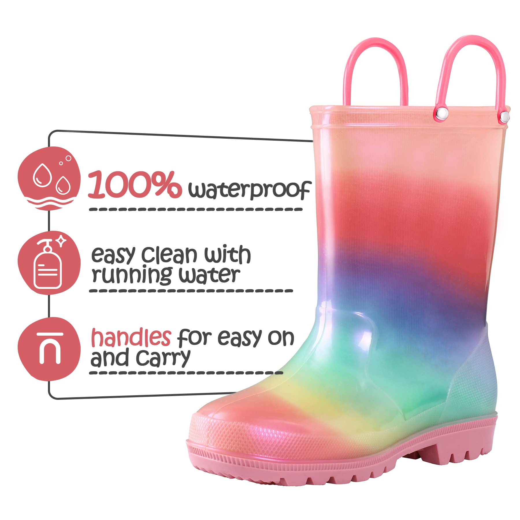 SHOFORT Kids Boys Girls Rain Boots with Easy-on Handles Rainboots (Toddler/Little Kid/Big Kid)