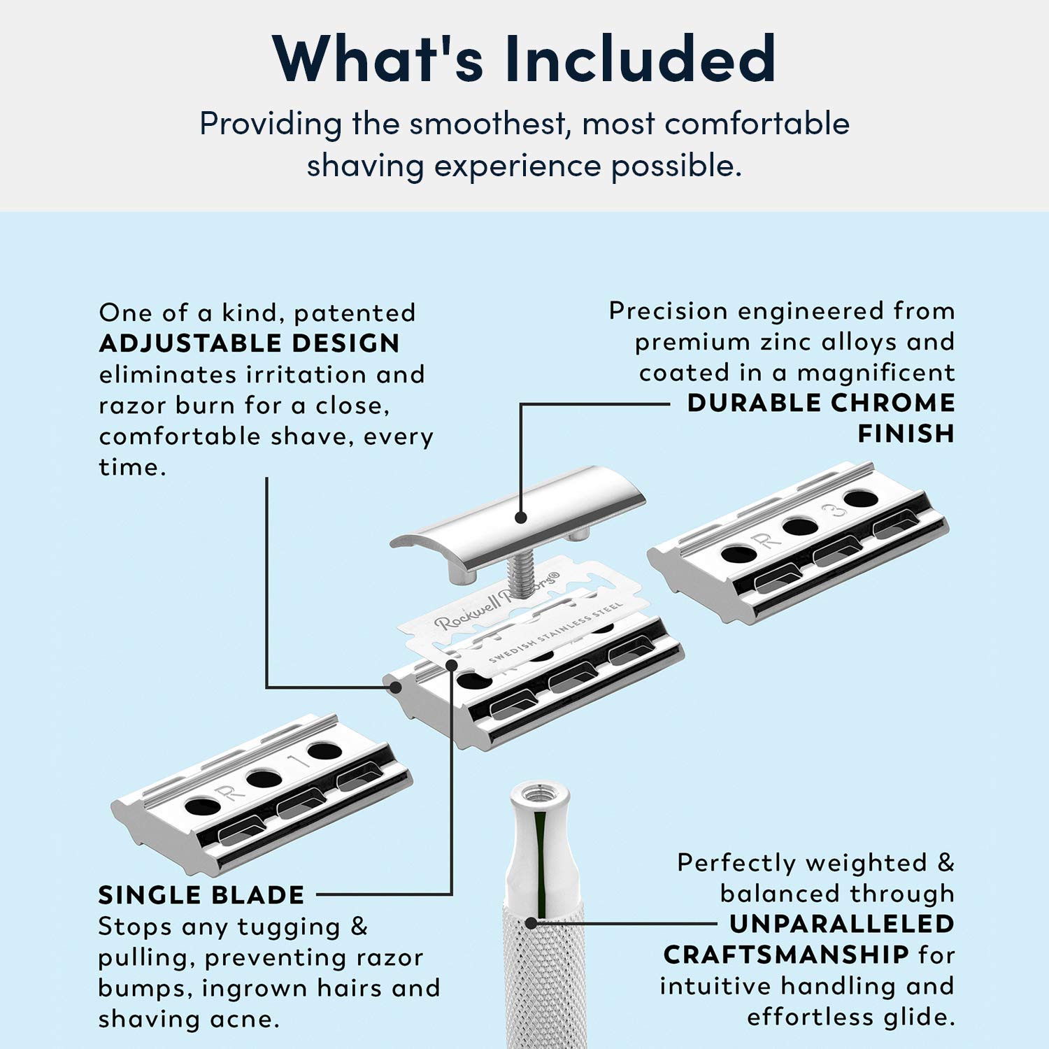 ROCKWELL RAZORS 6C Gunmetal Chrome Double-Edge Safety Razor with 6 Adjustable Shave Settings and 5 Blades