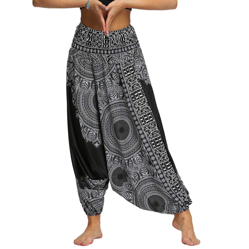 Xixiuly Women's Drop Crotch Hippie Harem Pants Boho Pattern High Waist Baggy Yoga Trousers Lounge Beach Brown ONE Size