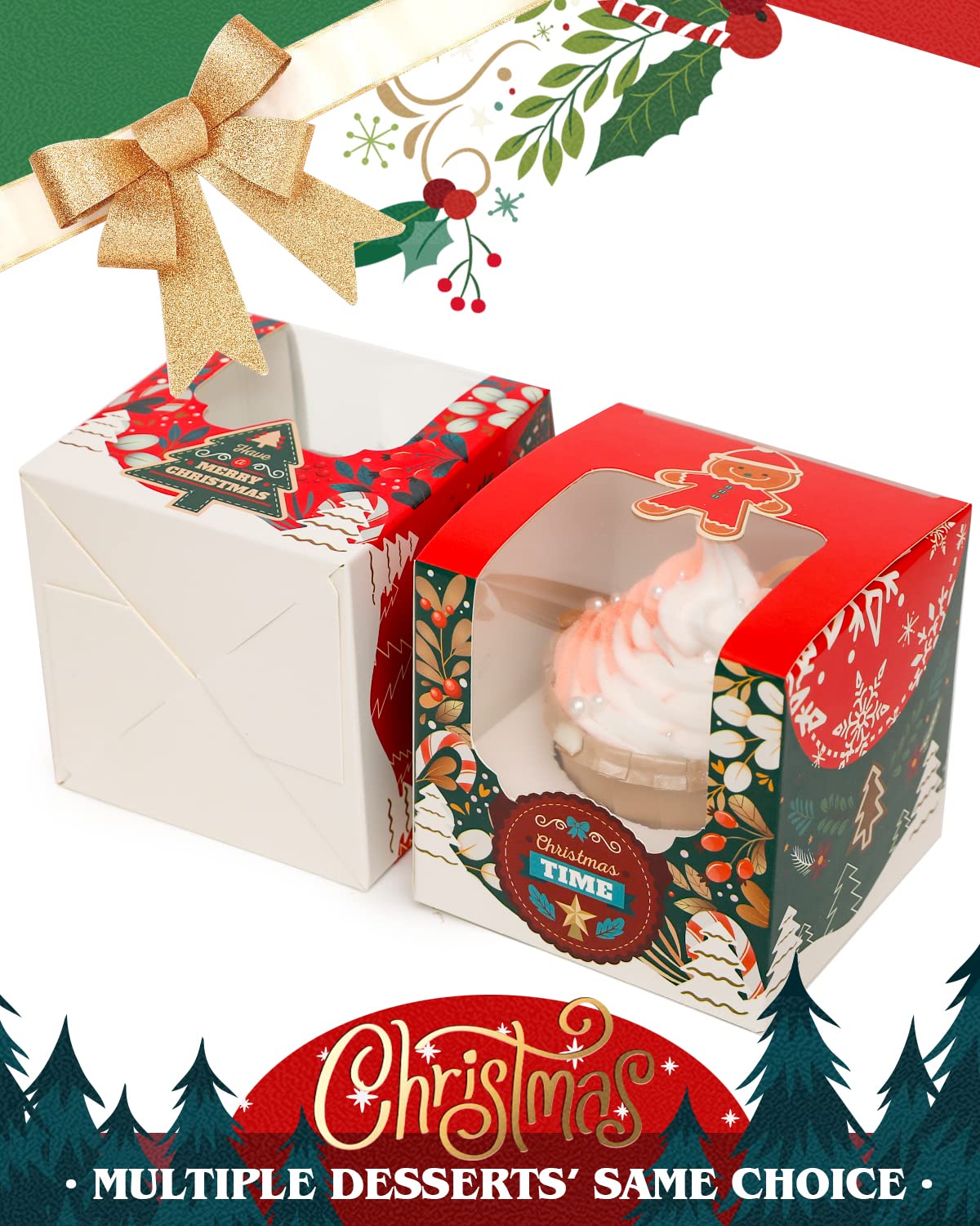 qiqee Christmas 100pcs Auto-Pop Up Mini Cupcake Boxes Individual 2.5" x 2.5" x 2.5" Single Cupcake Carrier Container for Christmas(Mini Size)