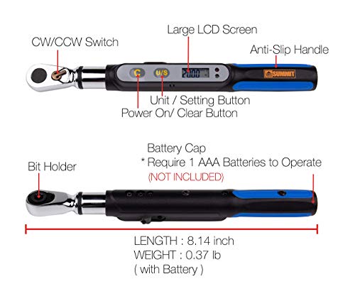 Summit Tools Bit-Head Digital Torque Wrench, 1/4 inch Drive Adopter, 0.221-4.424 ft-lbs Range, Measure Peak Torque, Compact Size, Calibrated (BMS2-006CN-S)