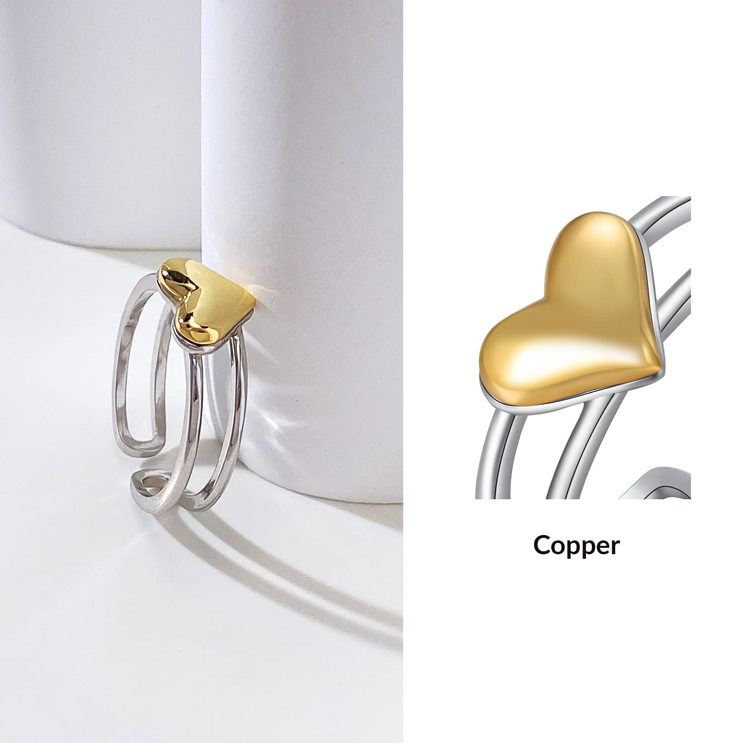 VIENNOIS Heart Shape 14k Gold Plated Copper Adjustable Open Ring for Women
