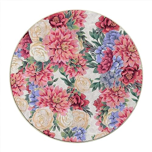 Round Office Chair Mat for Hardwood Floor Boho Floral Thick Hard Floor Protector Pink Multi-Purpose Low Pile Desk Rug for Home Office 39 in