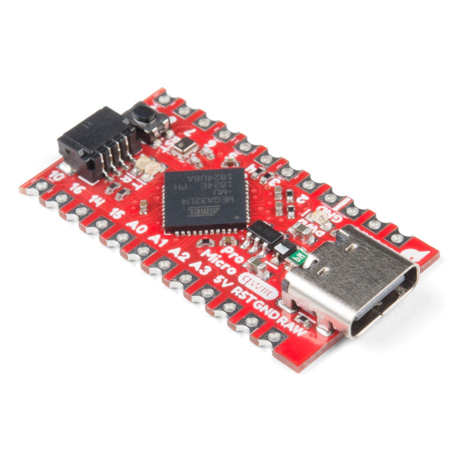 SparkFun Qwiic Pro Micro - USB-C (ATmega32U4) - Compatible with Arduino development board 5V/16MHz microcontroller AP2112 3.3V Voltage Regulator Castellated PTH pin pads Reset button Maximum 6V input