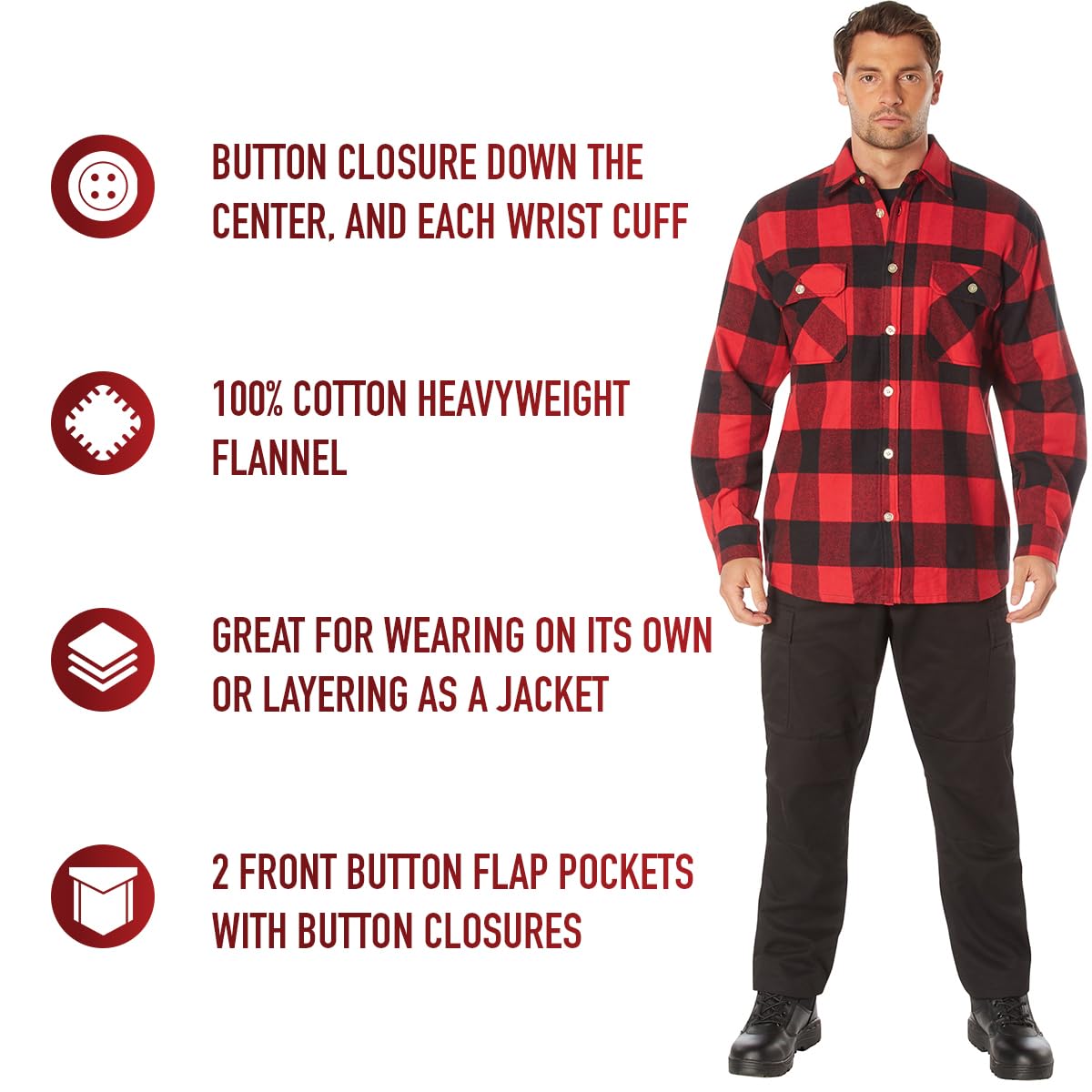 Rothco Buffalo Plaid Flannel Shirt - Rugged Comfortable and Warm Outdoor Shirt Jacket (US, Alpha, Large, Regular, Regular, Red Plaid)